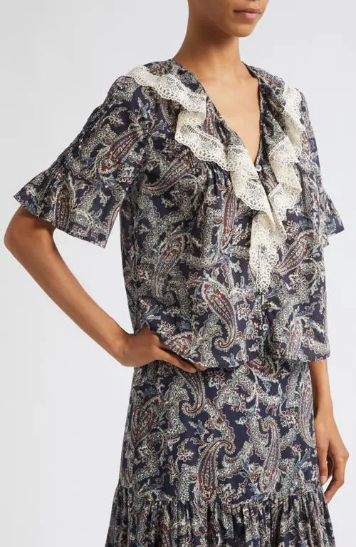Veronica Beard Pamelis Paisley Ruffle Lace Trim Top