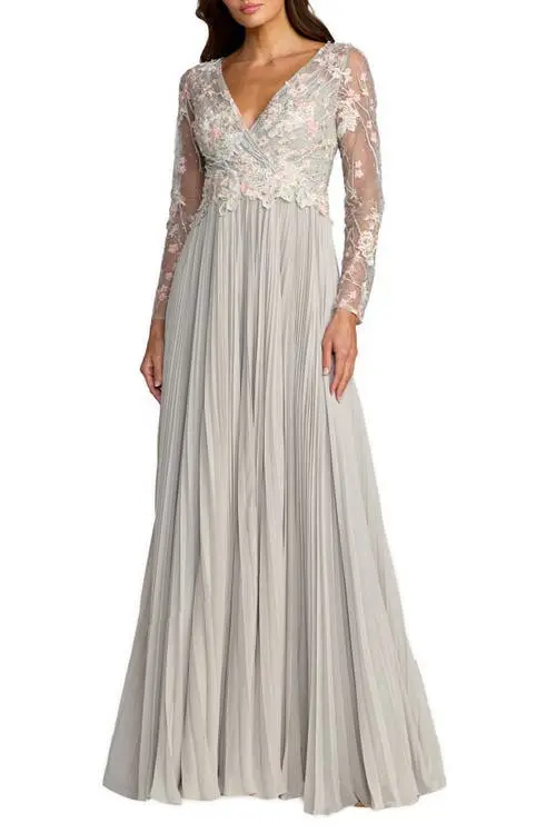 Mac Duggal Embroidered Long Sleeve V-neck Gown - Platinum Multi