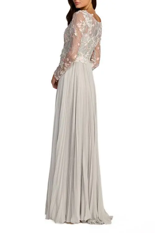 Mac Duggal Embroidered Long Sleeve V-neck Gown