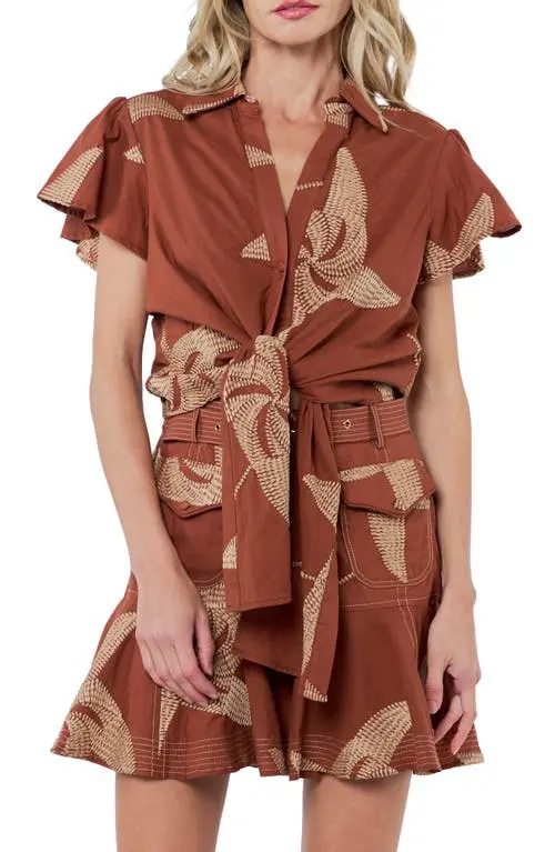 CIEBON Renna Embroidered Detail Tie Front Button-up Cotton Shirt - Caramel