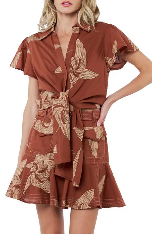 CIEBON Renna Embroidered Detail Tie Front Button-up Cotton Shirt