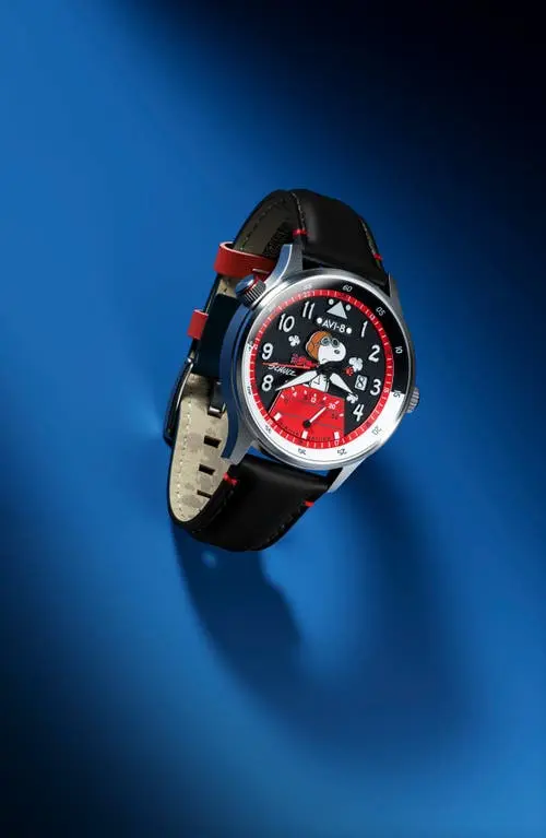 AVI-8 X Peanuts™ Hawker Hurricane Mckellar Snoopy Flying Ace Dual Time Leather Strap Watch - Black
