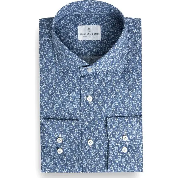 EMANUEL BERG Modern Fit Floral Cotton Seersucker Dress Shirt - Medium Blue