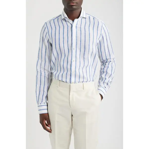 EMANUEL BERG Stripe Slub Linen Button-up Shirt - Blue
