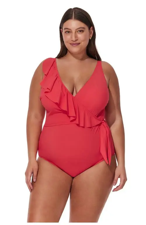 GOTTEX Ruffle Surplice One-piece Swimsuit - Coral