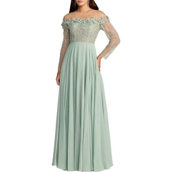 Mac Duggal Chiffon Beaded Long Sleeve Gown - Sage