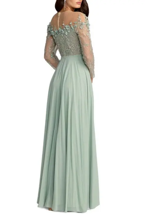 Mac Duggal Chiffon Beaded Long Sleeve Gown