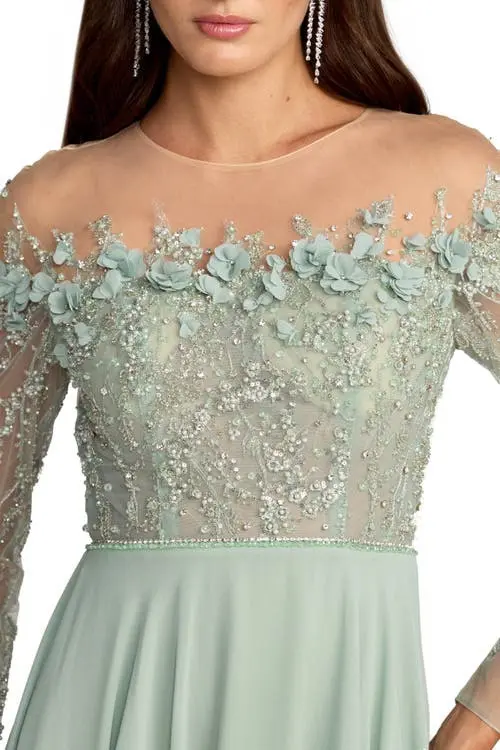 Mac Duggal Chiffon Beaded Long Sleeve Gown