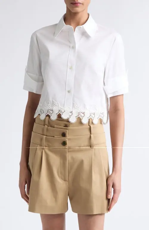 Monse Cropped Stretch Cotton Shirt With Cherry Lace Hem - White