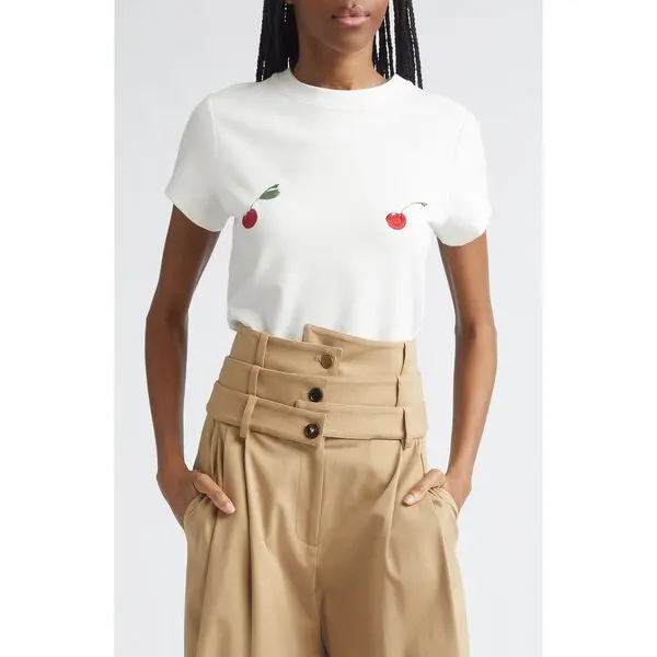 Monse Cheeky Cherry Embroidered Stretch Cotton T-shirt - White