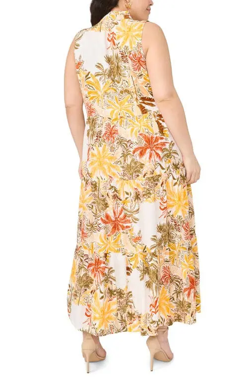 Vince Camuto Tropical Print Split Neck Tiered Maxi Dress