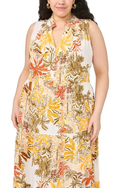 Vince Camuto Tropical Print Split Neck Tiered Maxi Dress