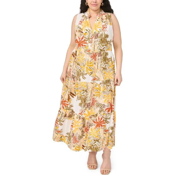 Vince Camuto Tropical Print Split Neck Tiered Maxi Dress - Wallflower