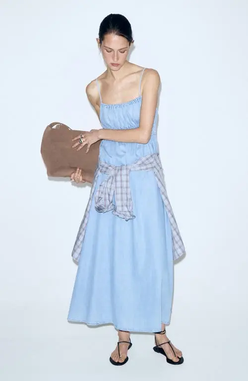 Mango Gathered Waist Denim Maxi Dress