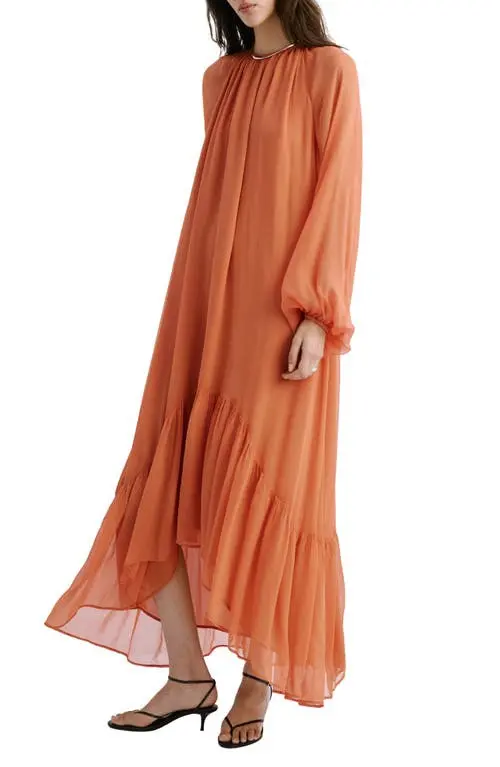 Mango Ruffled Flowy Chiffon Maxi Dress - Orange