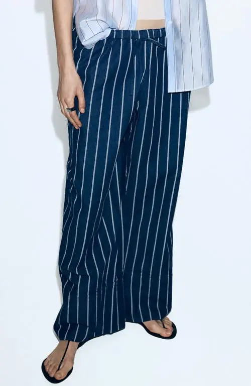 Mango Stripe Drawstring Pants - Open Blue