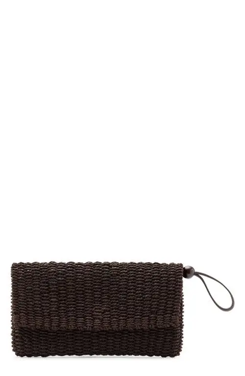 Mango Woven Raffia Pouch With Beaded Wristlet - Chocolate