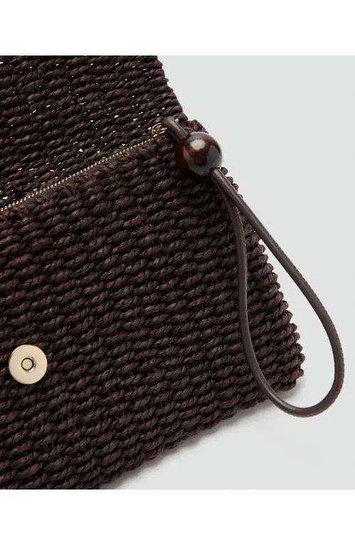 Mango Woven Raffia Pouch With Beaded Wristlet