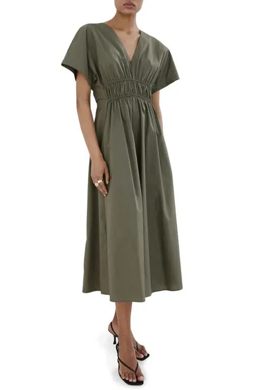 Mango Smocked Poplin Midi Dress