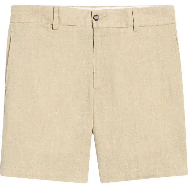 Berle Solid Linen Look Flat Front Cotton Shorts - Tan