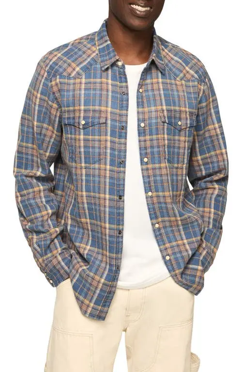 Lucky Brand Plaid Cotton Twill Snap-up Western Shirt - Navy Multi