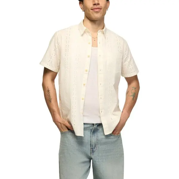 Lucky Brand San Gabriel Short Sleeve Cotton Eyelet Button-up Shirt - Tofu