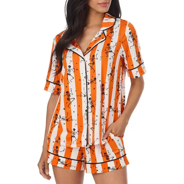ROOM SERVICE Print Boxer Pajamas - Orange Stripe