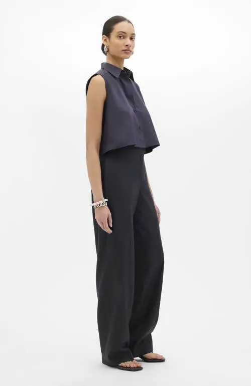 Another Tomorrow Sleeveless Cropped Shirt In Organic Cotton - Midnight