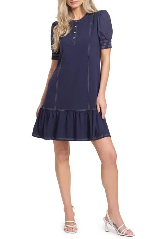 ISAAC MIZRAHI NEW YORK Top Stitch Detail Drop Waist Stretch Cotton Dress - Navy
