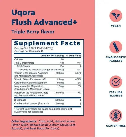 UQORA Flush Urinary Tract Supplement With Cranberry, D-mannose, Vitamin C