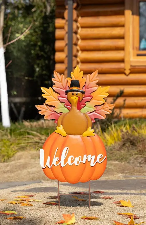 GLITZHOME Thanksgiving Metal Turkey Yard Stake Standing Decor Or Wall Sign