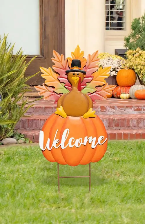 GLITZHOME Thanksgiving Metal Turkey Yard Stake Standing Decor Or Wall Sign