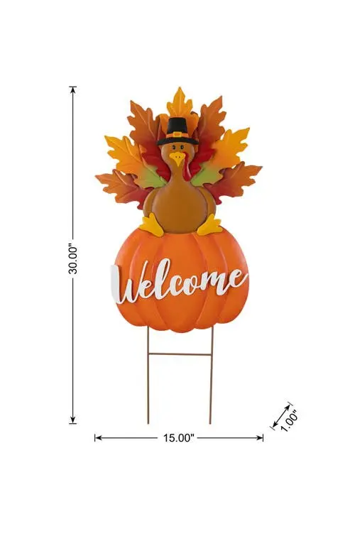 GLITZHOME Thanksgiving Metal Turkey Yard Stake Standing Decor Or Wall Sign