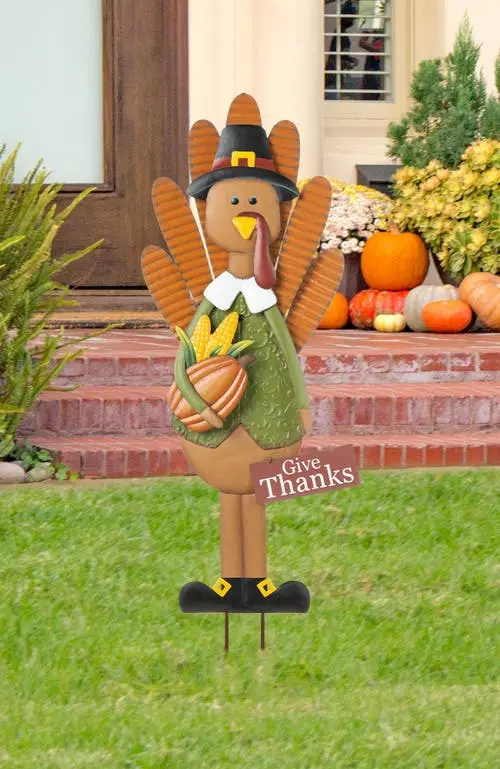 GLITZHOME Thanksgiving Metal Turkey Yard Stake Standing Decor Or Wall Sign
