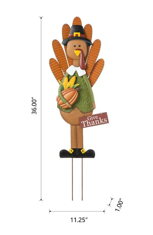 GLITZHOME Thanksgiving Metal Turkey Yard Stake Standing Decor Or Wall Sign