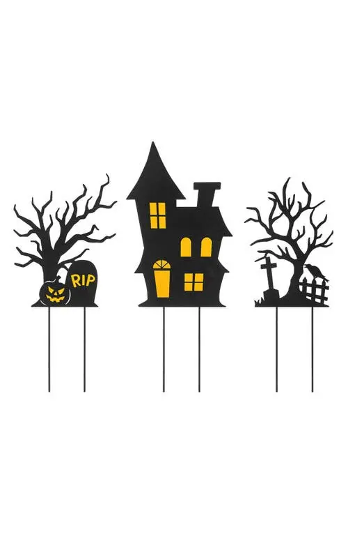 GLITZHOM Set Of 3 Halloween Metal Silhouette Haunted House Yard Stake Or Hanging Decor - Black