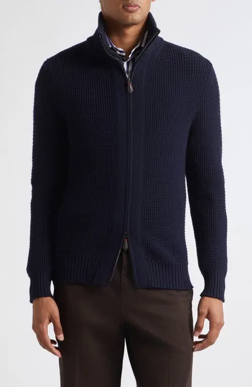 Isaia Wool Zip-up Bomber Cardigan - Navy