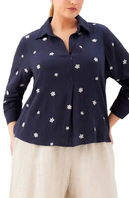 Karen Kane Embroidered Ruched Sleeve Shirt - Navy