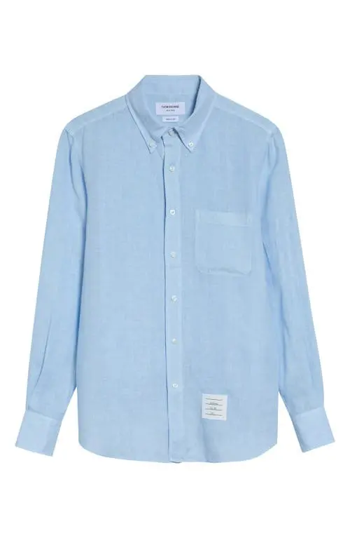 Thom Browne Straight Fit Garment Dye Linen Button-down Shirt - Light Blue