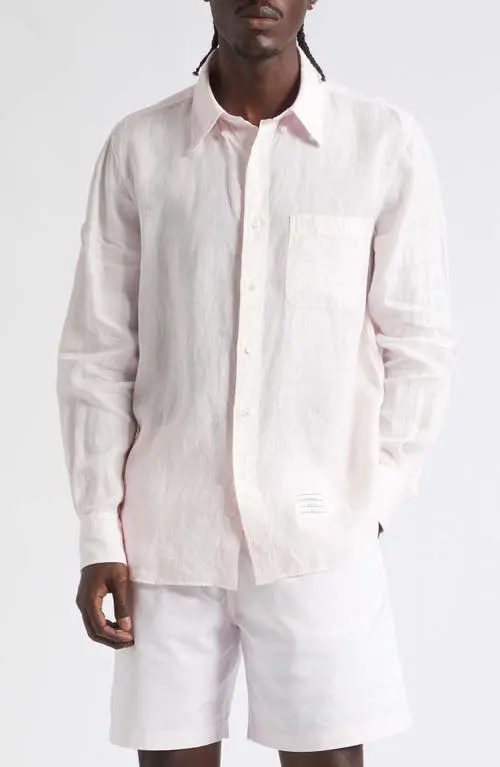 Thom Browne Straight Fit Garment Dye Linen Button-down Shirt - Light Pink