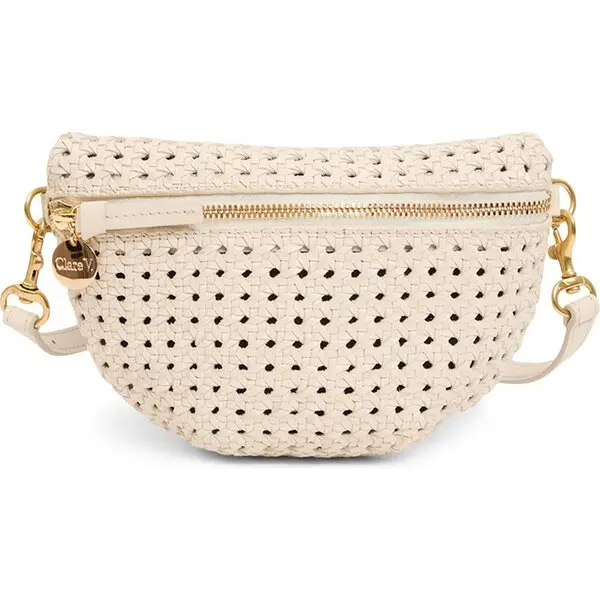 Clare V. Petite Fanny Rattan Woven Leather Belt Bag - Cream