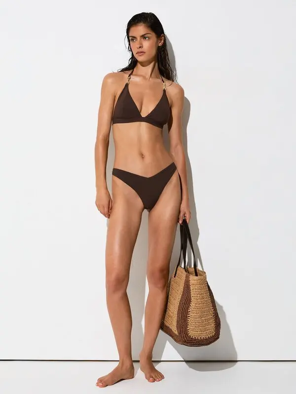 REISS Isla Fixed-side Thong Bikini Bottoms - Chocolate Brown