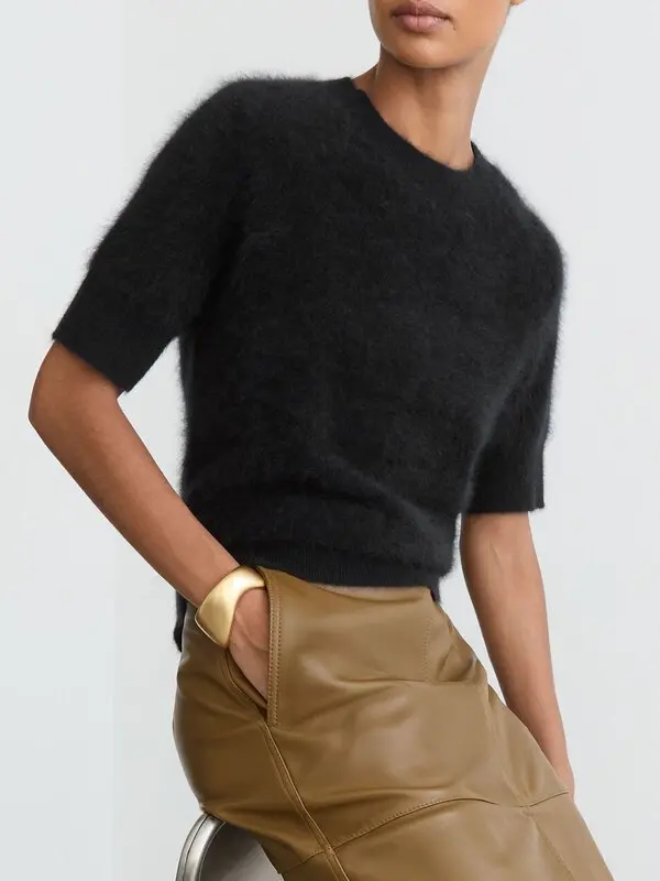REISS Julia 100% Brushed Cashmere Short-sleeve Top - Black