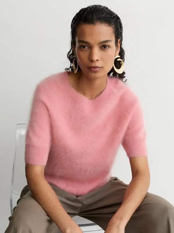 REISS Julia 100% Brushed Cashmere Short-sleeve Top - Pink