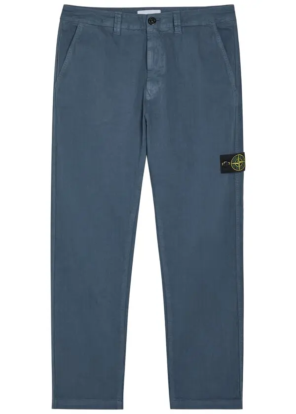 Stone Island Logo-appliquéd Herringbone Cotton Trousers - Blue Dark