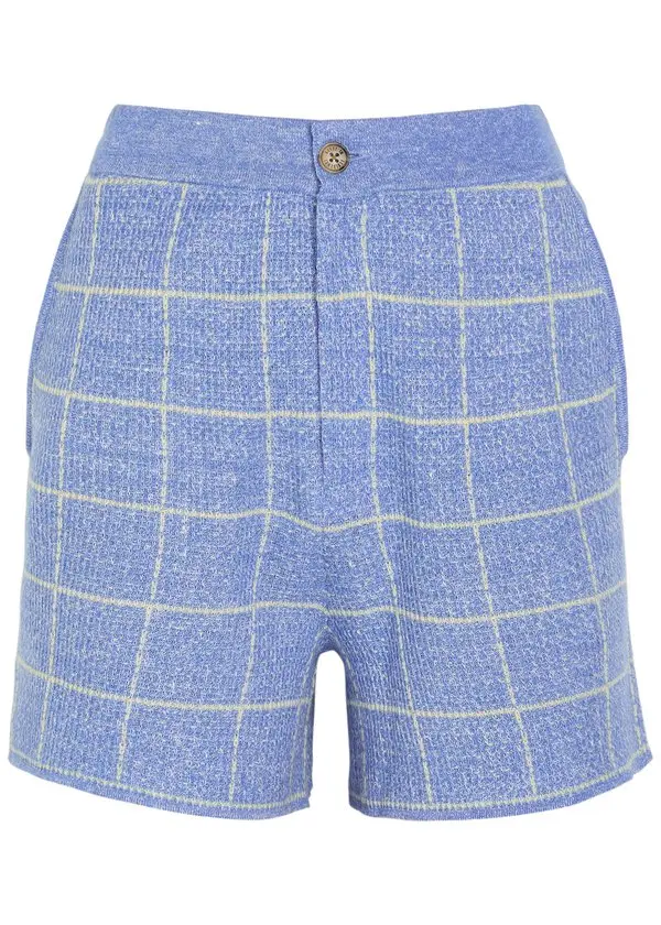 Guest In Residence Plaid Cashmere And Linen-blend Shorts - Light Blue