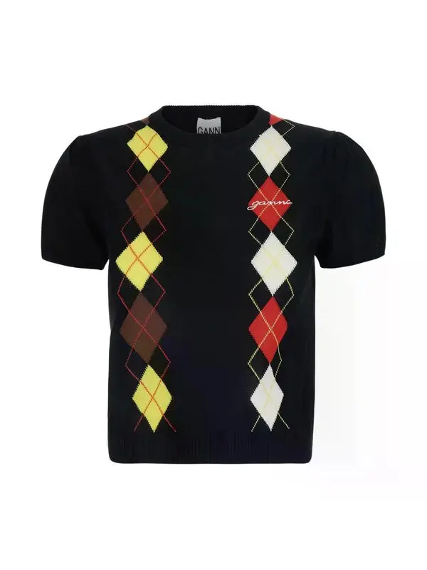 GANNI Argyle Pattern Logo Embroidered T-shirt