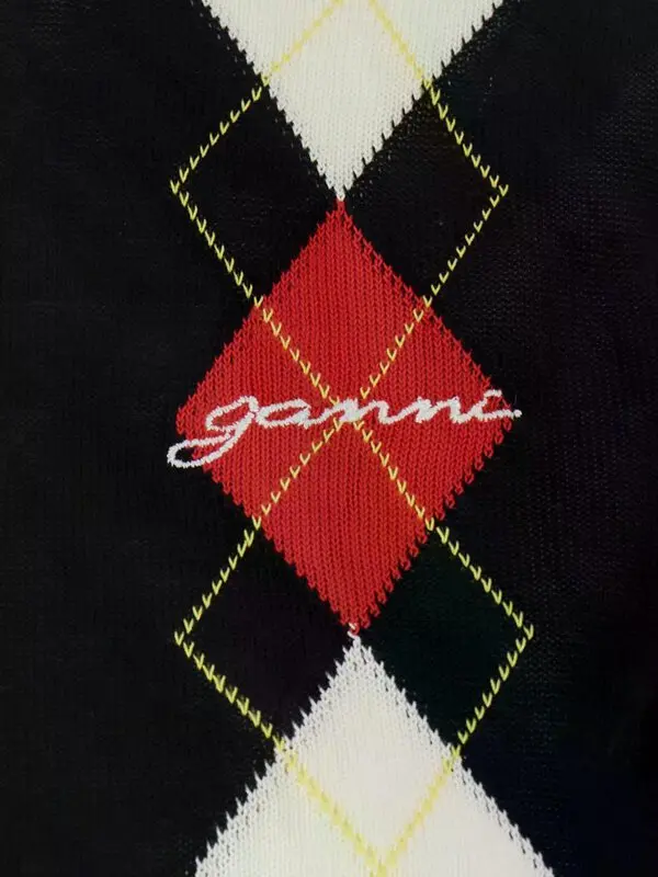 GANNI Argyle Pattern Logo Embroidered T-shirt