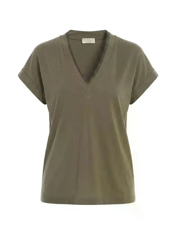 Brunello Cucinelli Monili Trim V-neck T-shirt - Green
