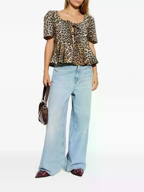 GANNI Leopard-print Puff Sleeve Peplum Blouse - Neutrals